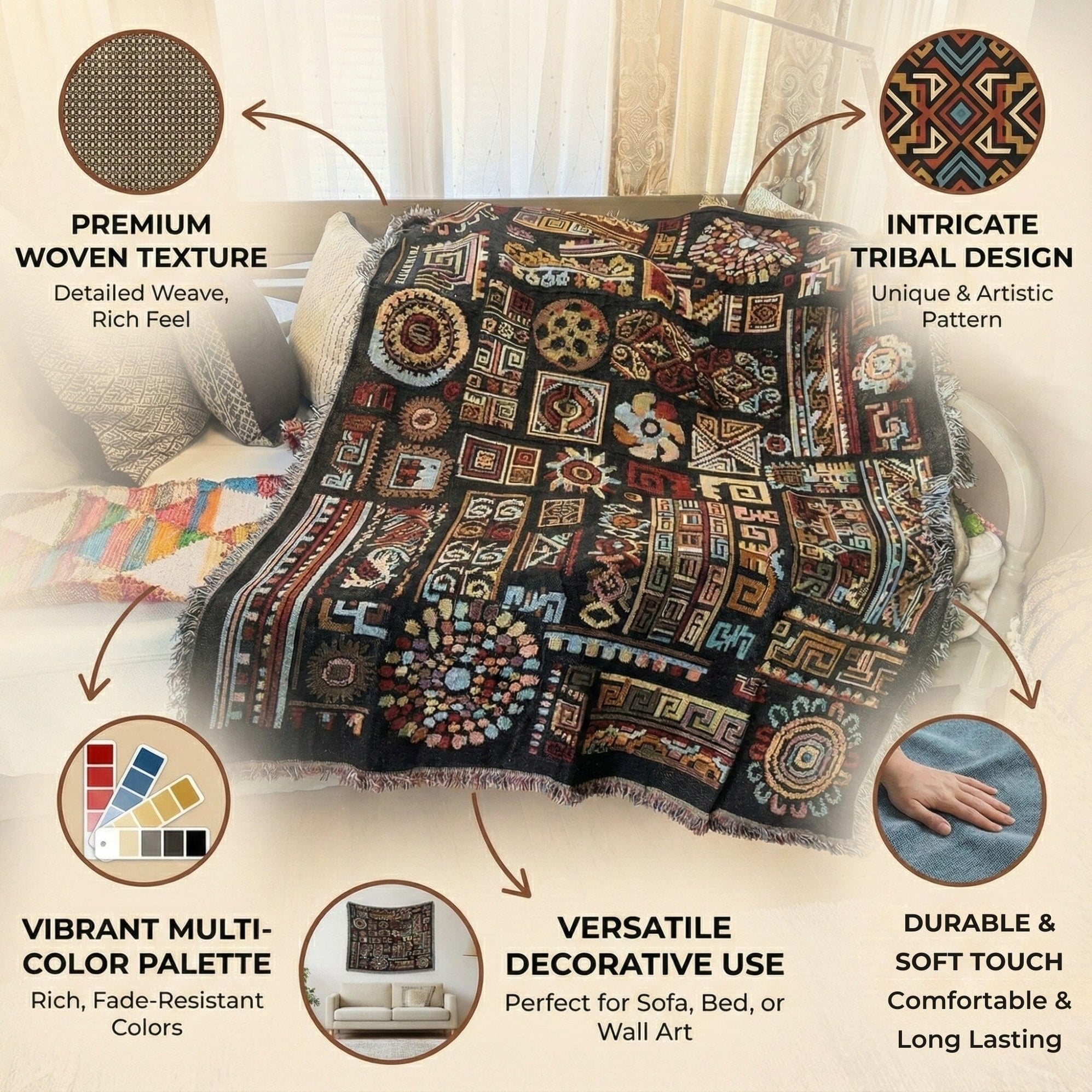DaDa Bedding Elegant Tapestry Throw Blanket, Ethnic Ornaments Geometri ...