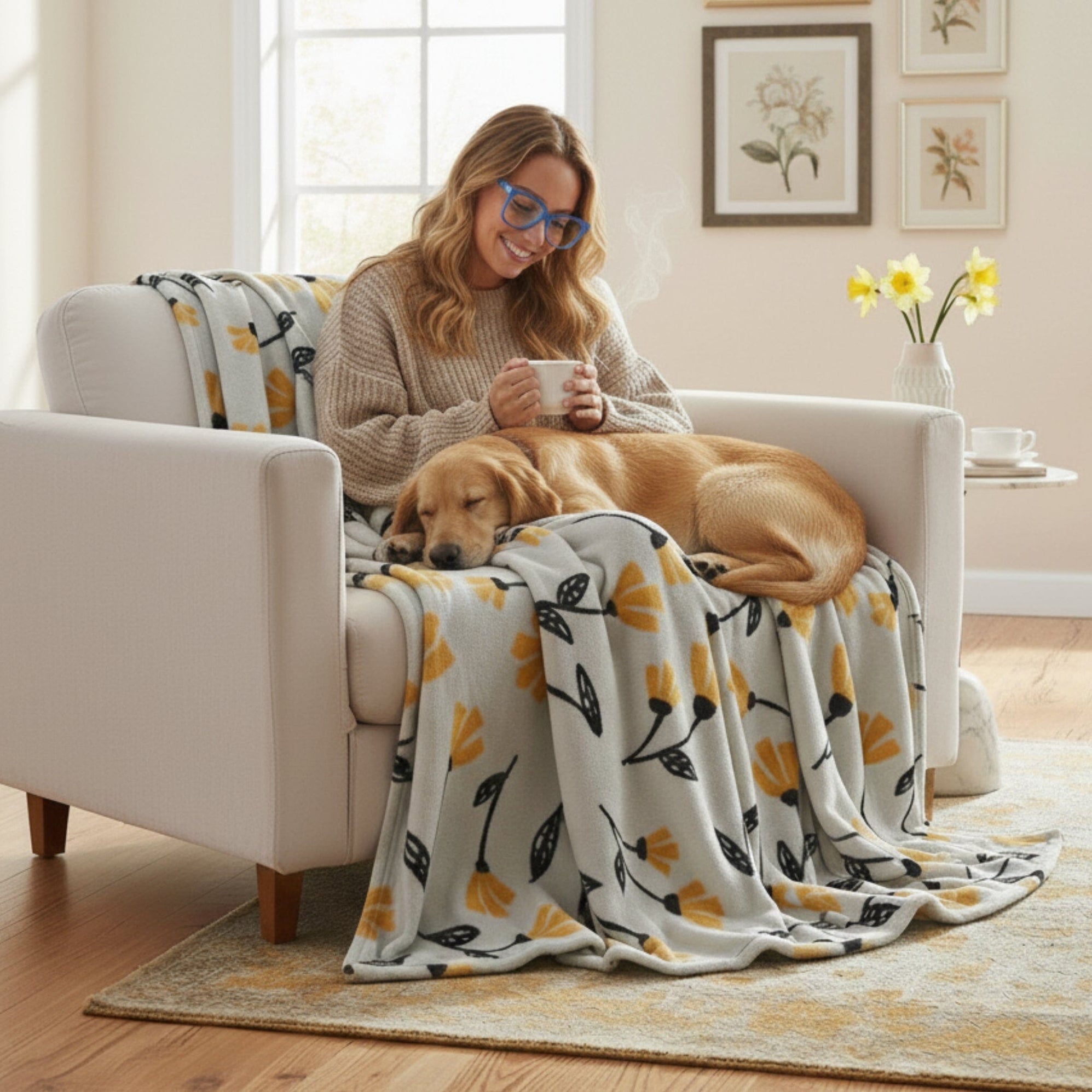 DaDa Bedding Soft Lightweight Fleece Throw Blanket, Yellow Fleur Flora ...