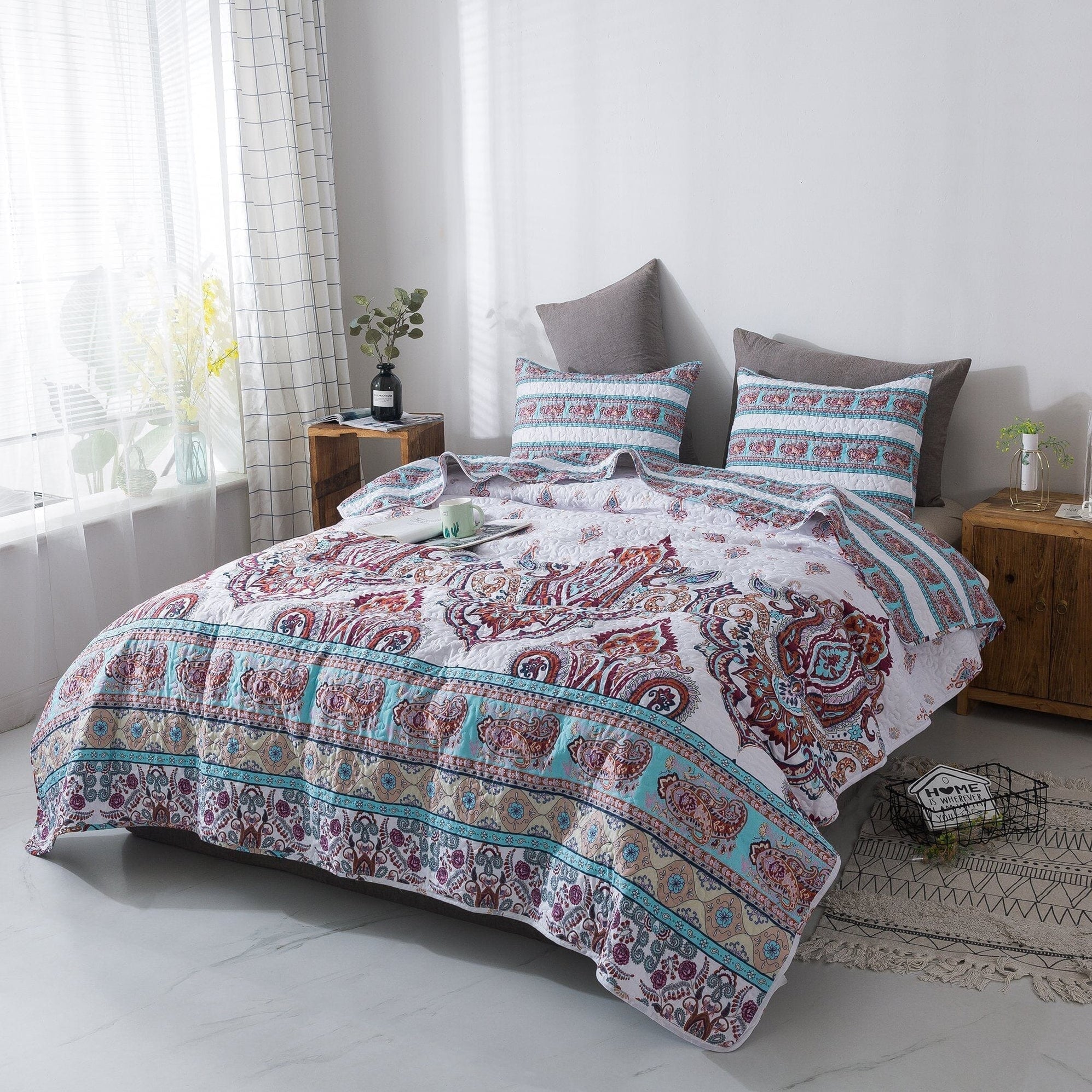 DaDa Bedding Bohemian Summertime White Blue Floral Paisley Bedspread S ...