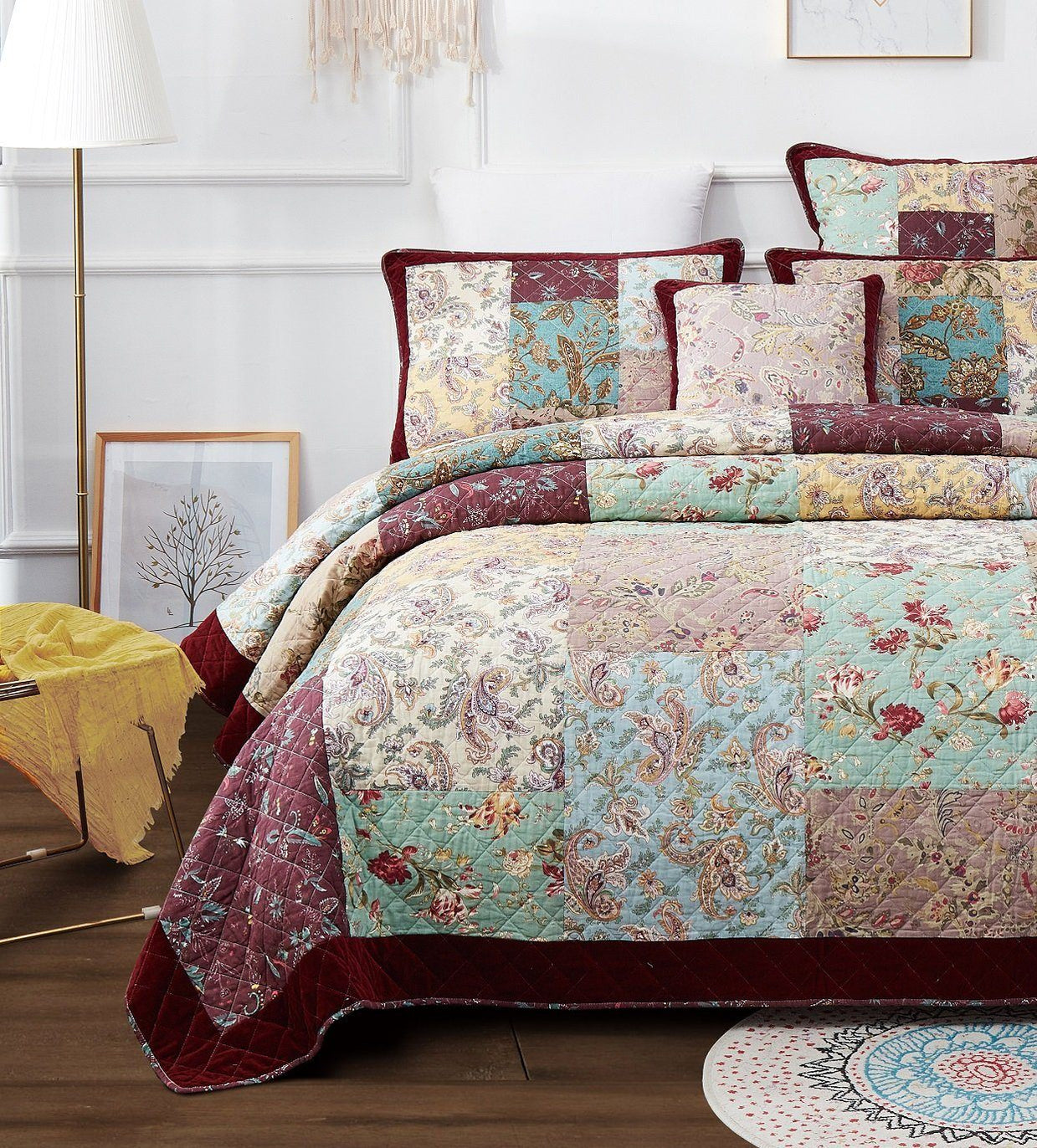Dada Bedding Patchwork Quilted Bedspread Set - Burgundy Floral Paisley ...