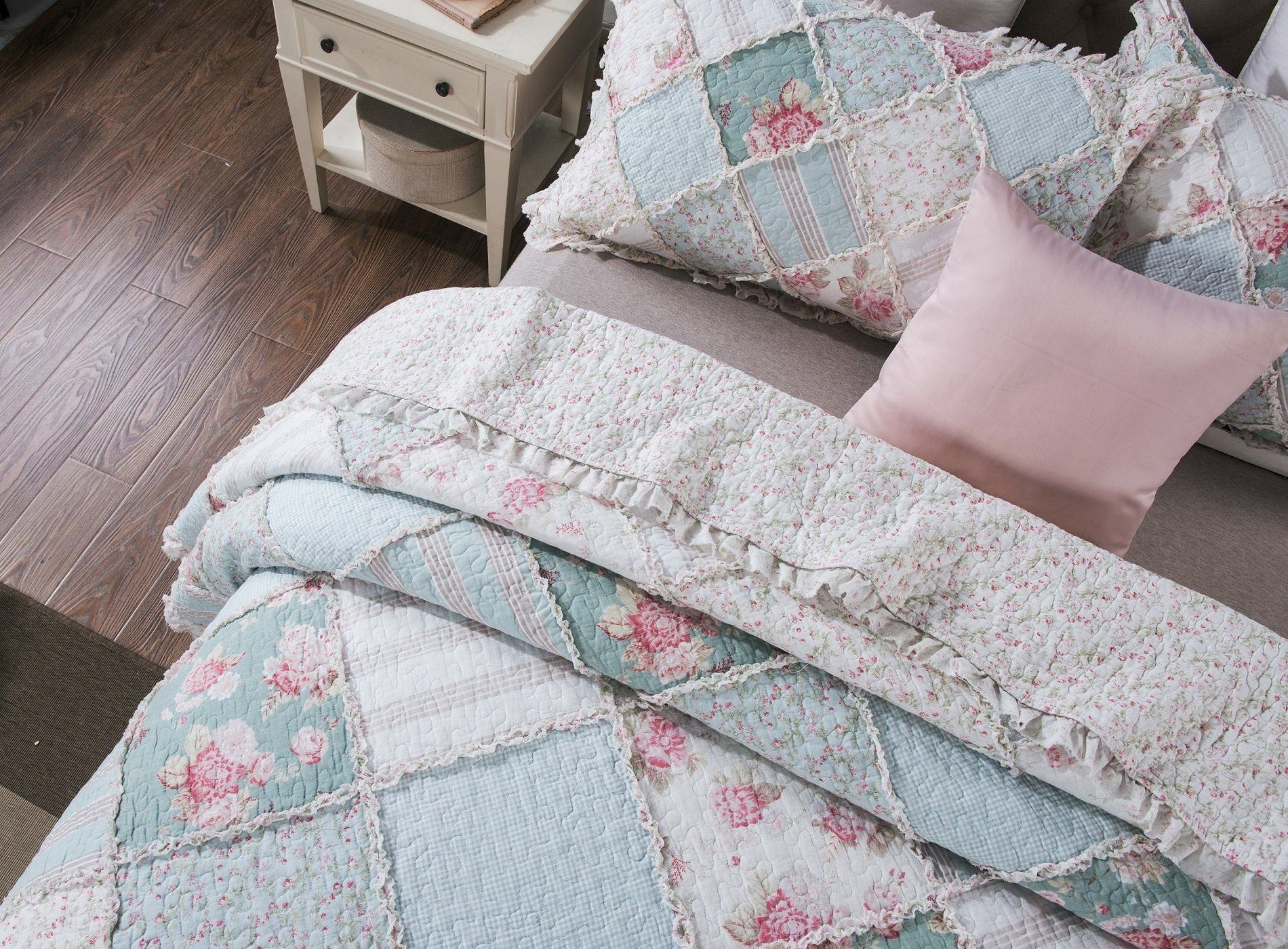 DaDa Bedding Hint of Mint Floral Pastel Cotton Patchwork Ruffle Bedspr ...