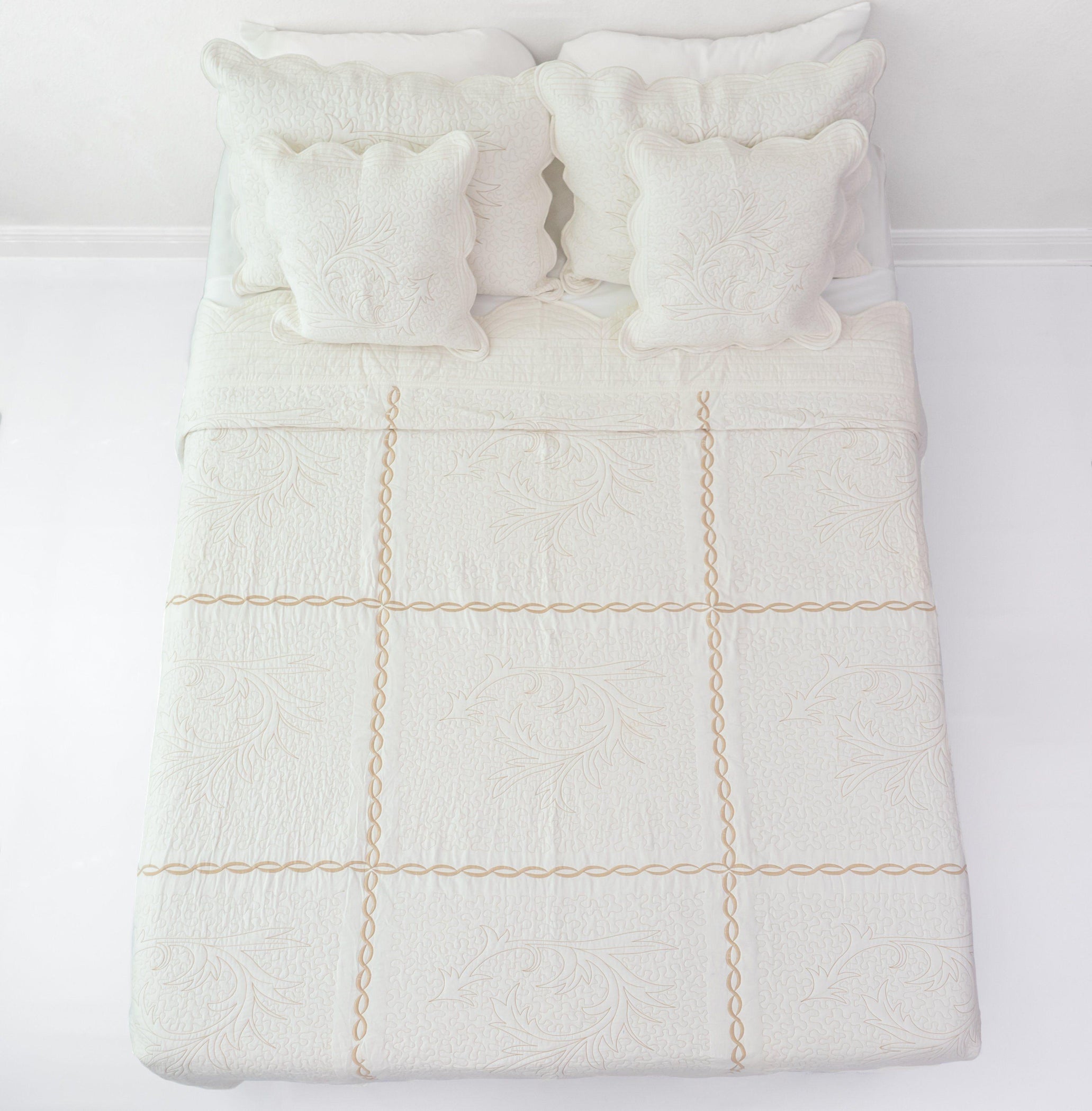 DaDa Bedding Elegant White Gold Floral Vines Cotton Quilted Bedspread ...