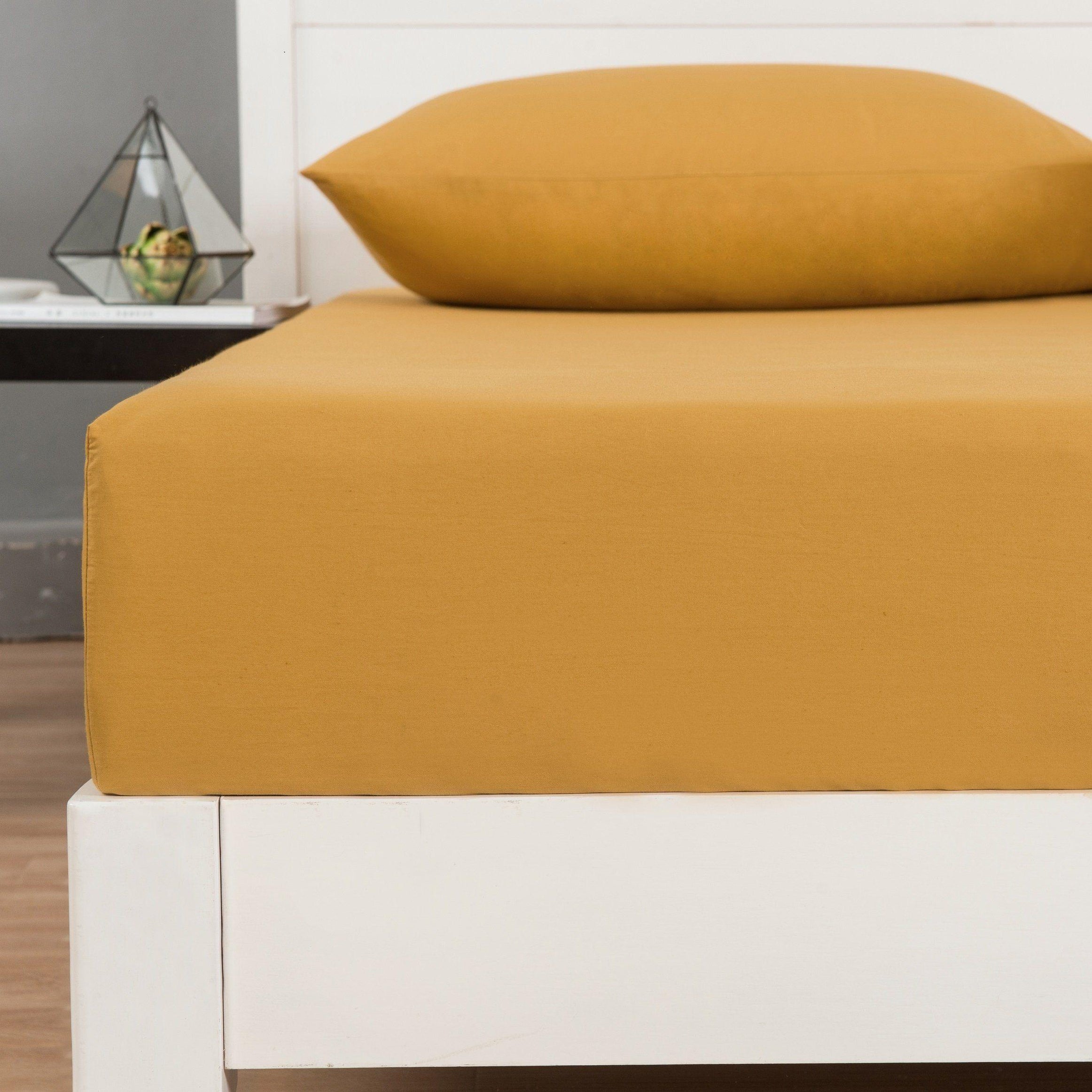 DaDa Bedding Honey Yellow Poplin Cotton Fitted Sheet w/ Pillow Cases ...